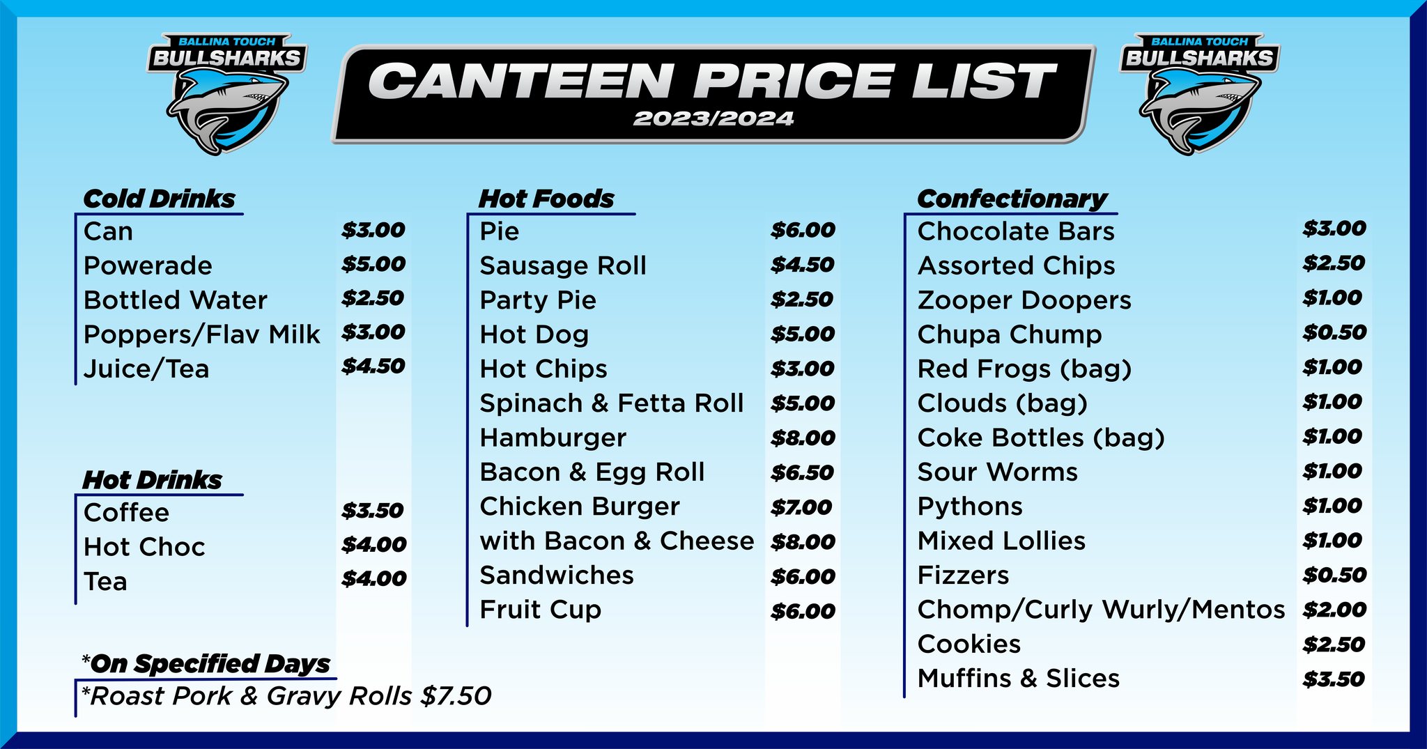 Canteen Menu - Ballina Touch Association